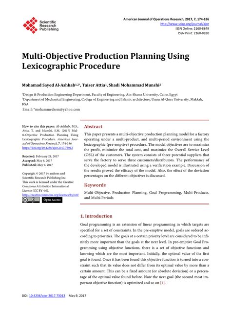 Pdf Multi Objective Production Planning Using Lexicographic Procedure