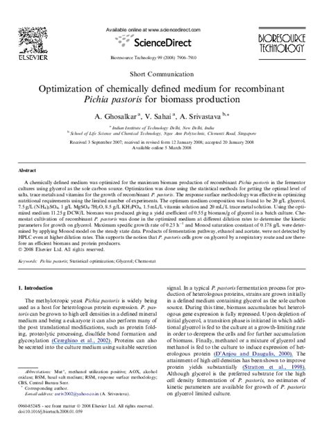 Pdf Optimization Of Chemically Defined Medium For Recombinant Pichia