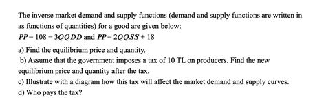 Solved The Inverse Market Demand And Supply Functions Chegg Com