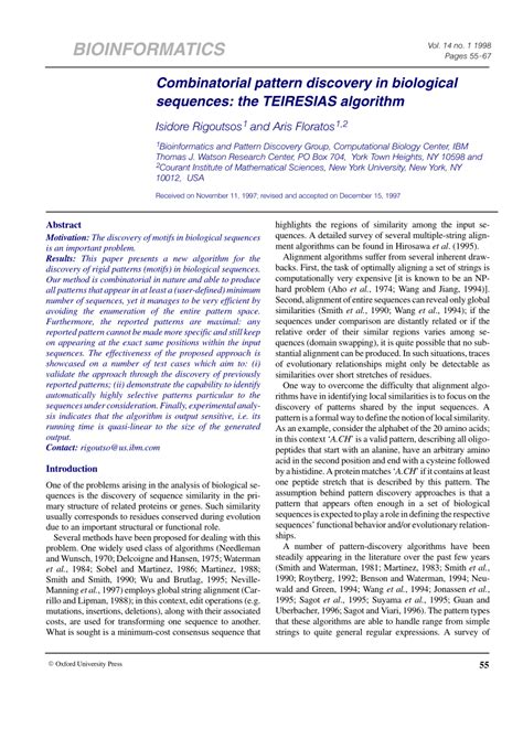 Pdf Combinatorial Pattern Discovery In Biological Sequences The