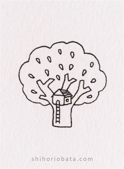 A Drawing Of A Tree With A House In It
