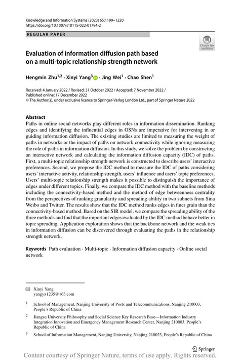 Evaluation Of Information Diffusion Path Based On A Multi Topic Relationship Strength Network