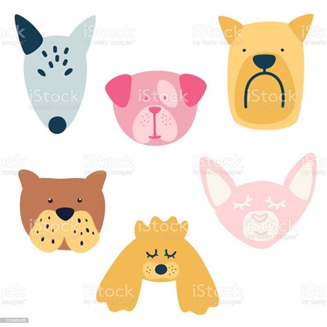 다른 품종 개 머리의 세트 황소 테리어 몰타어 푸들 불독 개 치와와 개 얼굴의 컬렉션 흰색 배경에 낙서 스타일에 손으로 그려진 고립 된 벡터 일러스트레이션 일러스트레이션에