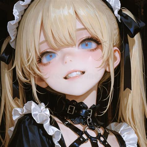 Alluring Anime Girl With Blue Eyes And Goth Maid Outfit Stock