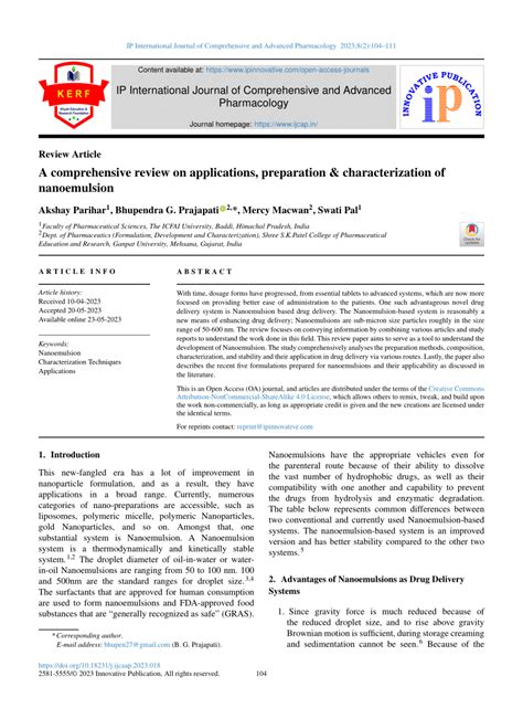 Pdf A Comprehensive Review On Applications Preparation And Characterization Of Nanoemulsion