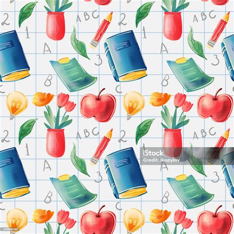 체크 무늬 종이에 완벽한 패턴으로 낙서를 다시 시작합니다 학용품과 창의적인 요소가 있는 손으로 그린 수채화 스타일 교육 배경 광고 또는 배너 벡터 일러스트 레이 션에 대 한