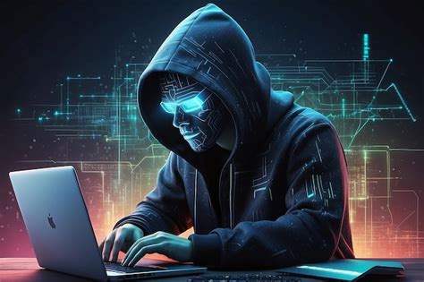 Premium Photo Hacker In A Hood Using A Laptop Coding And Data On A