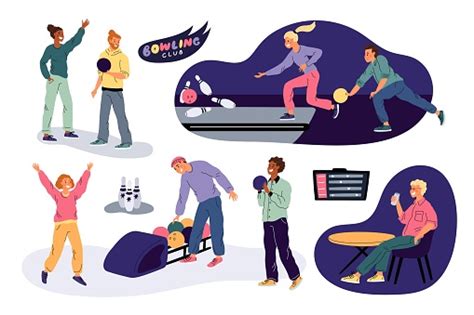 볼링장 방문객 클럽에 있는 사람들은 공을 던집니다 플레이어 캐릭터 핀 게임을 녹아웃합니다 친절한 엔터테인먼트 행복한 친구와 커플 경쟁적인 플레이 화려한 벡터 세트