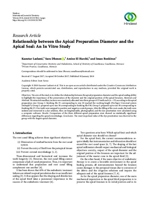 Pdf Relationship Between The Apical Preparation Diameter And The Apical Seal An In Vitro