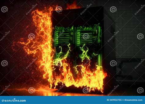 Disaster In Server Room Or Data Center Storage Room On Fire Burning Neural Network Generated