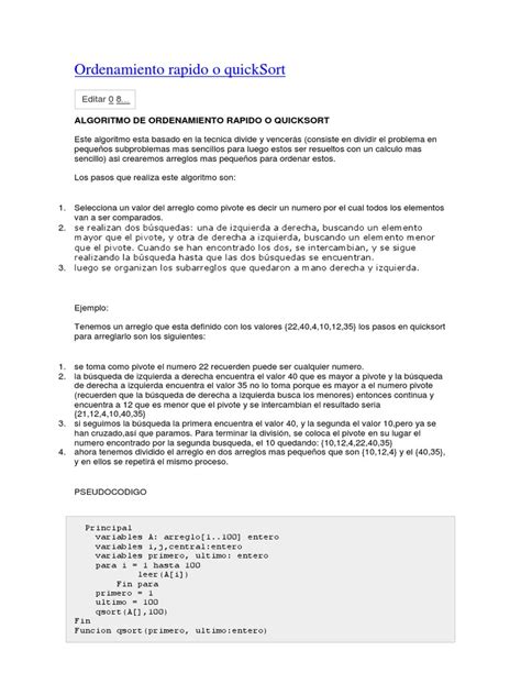 Ordenamiento Rapido O Quicksort Pdf Enseñanza De Matemática Algoritmos