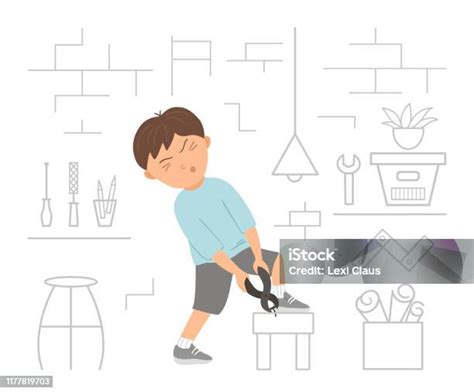 벡터 작업 소년입니다 워크숍 배경에 펜치와 함께 대변에서 못을 꺼내는 플랫 재미있는 아이 캐릭터 공예 레슨 일러스트 도구를 사용하여 작업하는 방법을 배우는 어린이의 개념