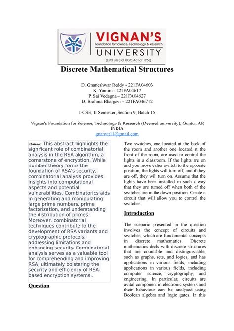 Rsa Algorithm Discrete Mathematical Structures D Gnaneshwar Reddy 221fa K Yamini 221fa