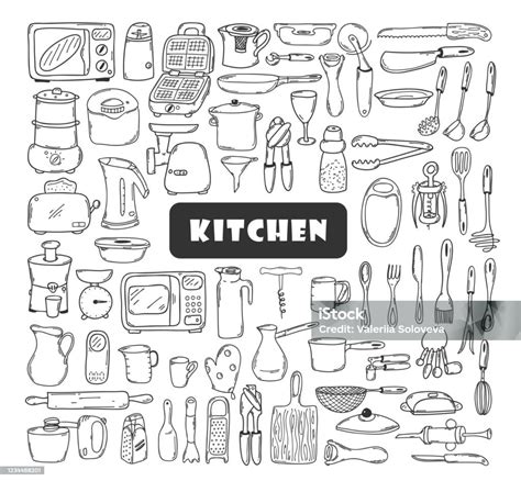 낙서 스타일의 주방 도구 요리 기구의 큰 세트 메뉴 조리법 및 식품 포장 디자인에 대한 요소의 컬렉션입니다 손으로 그린 흰색에