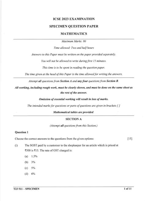 Icse Mathematics Specimen Paper 2023 With Solutions Answer Key