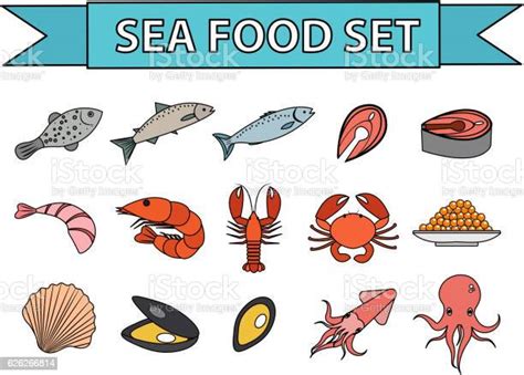바다 음식 아이콘 세트 벡터 현대 라인 낙서 스타일 해산물 고기에 대한 스톡 벡터 아트 및 기타 이미지 고기 델리카트슨
