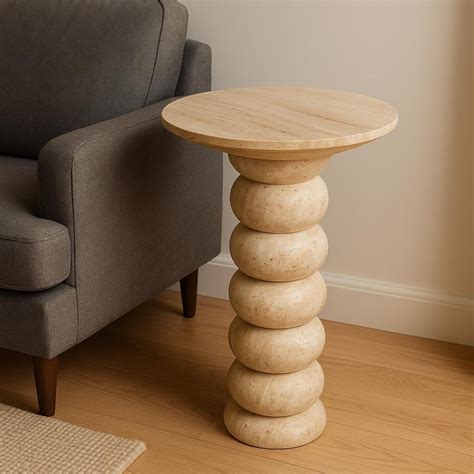 Handcrafted Travertine Pedestal Side Table Sculptural Natural Stone