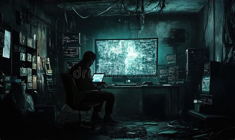 Dark Hacker Workspace With Multiple Screens Dim Lighting And Cluttered Environment Person