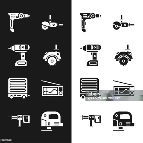 전기 원형 톱 무선 스크루 드라이버 드릴 머신 앵글 그라인더 히터 및 라디오 아이콘을 설정합니다 벡터 Rotary International에 대한 스톡 벡터 아트 및 기타