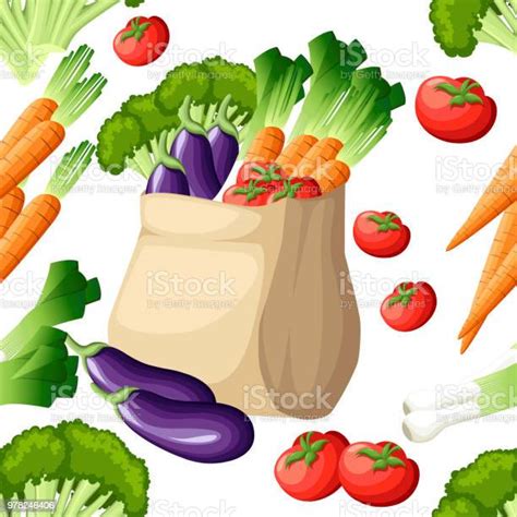 완벽 한 패턴입니다 환경 친화적인 종이 봉투 야채와 함께 재활용된 쇼핑 가방입니다 신선한 유기농 음식 재활용된 팩입니다 건강 한 야채 로컬로 성장입니다 흰색 배경에서 벡터