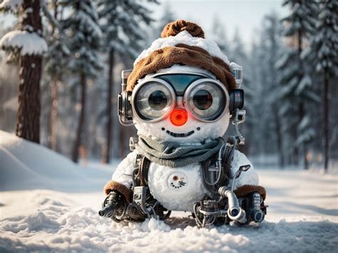 Premium Ai Image Snowman Robot At Winter Landscape