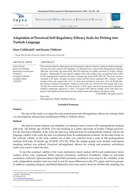 Pdf Adaptation Of Perceived Self Regulatory Efficacy Scale For Writing Into Turkish Language
