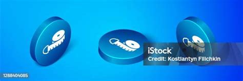 파란색 배경에서 격리된 등색 테이프 측정 아이콘입니다 측정 테이프 파란색 원 버튼입니다 벡터 3차원 형태에 대한 스톡 벡터 아트