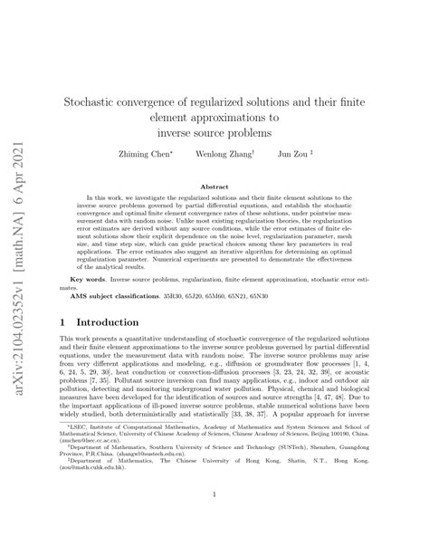 PDF Stochastic Convergence Of Regularized Solutions And Their Finite Element Approximations To