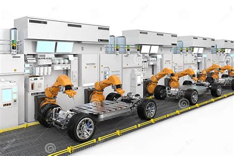 Robot Assembly Line With Ev Car Battery On Undercarriage Platform Stock Illustration