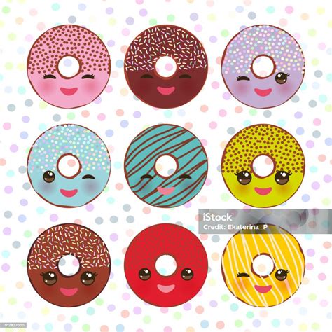 분홍색 뺨 및 눈 윙크 귀여운 다채로운 도넛 달콤한 도넛 장식 및 Sprinkls 격리 배너 디자인 카드 서식 폴카 도트 화이트