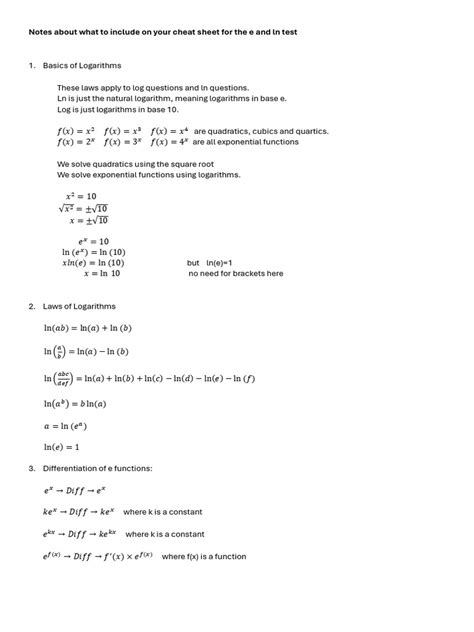 Notes For Cheat Sheet For E And Ln Test Pdf Mathematical Physics Complex Analysis