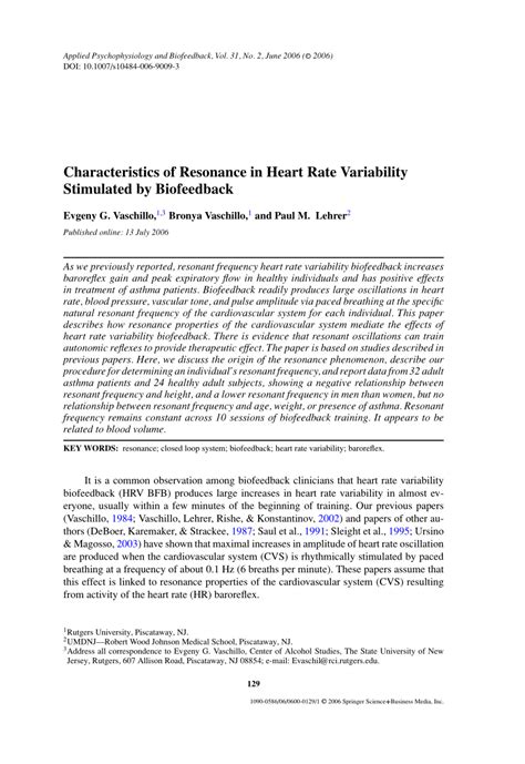 Pdf Characteristics Of Resonance In Heart Rate Variability Stimulated By Biofeedback