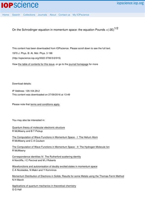 Pdf On The Schrodinger Equation In Momentum Space The Equation £ Psi 2e 1 2 Psi
