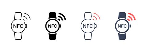 Nfc 기술 라인과 실루엣 아이콘 세트와 스마트 시계 스마트워치 팔찌 픽토그램 흰색 배경에 비접촉식 결제 기호 수집을