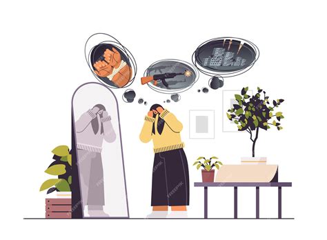 절망적 인 정신 건강 질환 우울증을 느끼는 우크라이나 소녀에서 전쟁의 공포를 경험하는 피곤한 우울한 여성 프리미엄 벡터