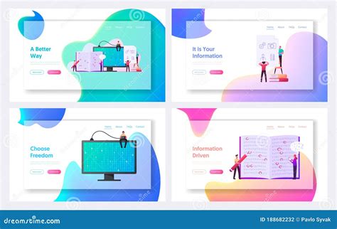 Information Coding Landing Page Template Set Tiny Characters At Huge