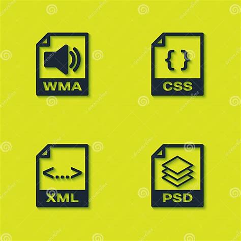 set wma file document psd xml and css icon vector stock vector