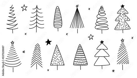 Hand Drawn Christmas Tree Vector Svg Xmas Tree Set Of 12 Christmas Trees And Stars Christmas