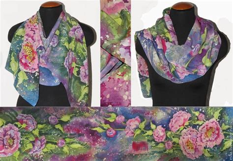 Шелковый батик шарф Пионы росы в интернет магазине на Ярмарке