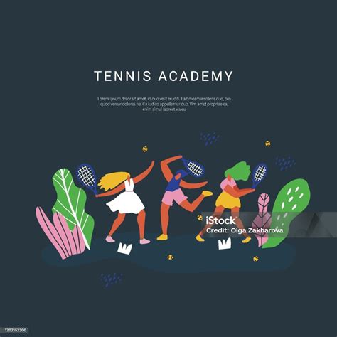 테니스 아카데미 벡터 소셜 미디어 배너 템플릿입니다 라켓 스포츠 수업 및 수업 포스터 손으로 텍스트 공간이있는 레이아웃을 그려집니다 스포츠 여성 훈련 야외 만화 캐릭터 재생