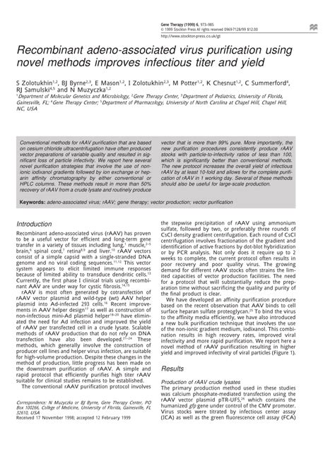 Pdf Recombinant Adeno Associated Virus Purification Using Novel Methods Improves Infectious