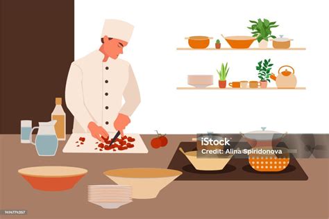 부엌에서 요리를 준비하는 요리 남자는 칼과 커팅 보드로 서 있습니다 야채를 자르는 요리사 편집 가능한 벡터 일러스트 레이 션 가공의 인물에 대한 스톡 벡터 아트 및 기타