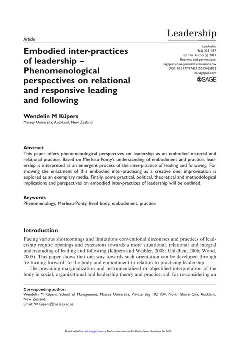 Pdf Embodied Inter Practices Of Leadership Phenomenological Perspectives On Relational And