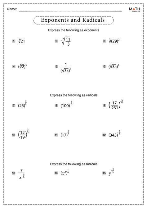 Radicals And Rational Exponents Worksheets Math Monks