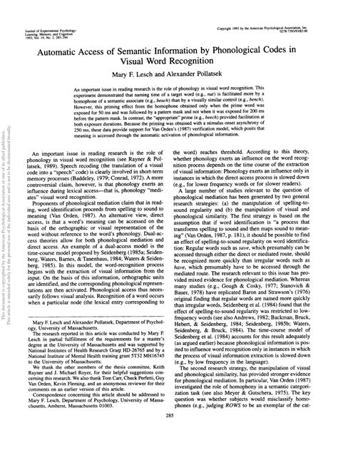 Automatic Access Of Semantic Information By Phonological Codes In Visual Word Recognition