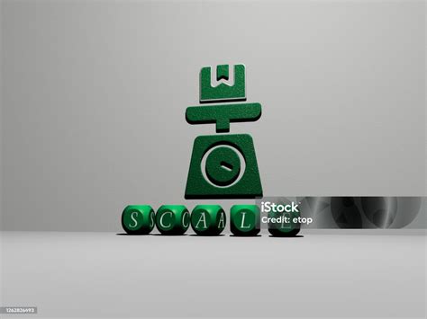 개념 의미와 슬라이드 쇼 프리젠 테이션을위해 거울 바닥에 금속 입방 문자로 정렬 된 벽과 텍스트에 아이콘과 Scale의 3d