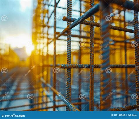 Glowing Sunset Behind Construction Site With Steel Rebar Grid Framework