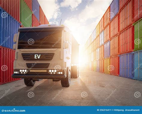 Ev Logistic Trailer Truck Or Electric Vehicle Lorry At Container