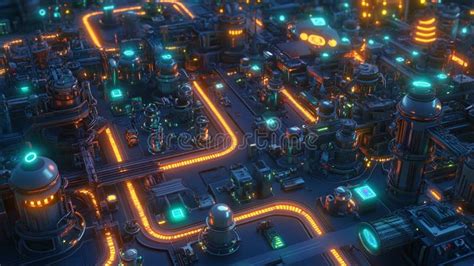 A Futuristic Factory With Glowing Assembly Lines And Retro Style Robots