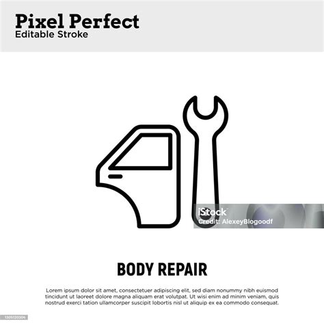 자동차 서비스 자동 바디는 얇은 라인 아이콘을 수리합니다 자동차 문과 렌치 픽셀 완벽 편집 가능한 스트로크 벡터 그림입니다 아이콘에 대한 스톡 벡터 아트 및 기타 이미지